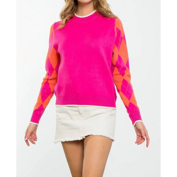 THML | Sweaters | New Thml Argyle Sleeve Sweater In Hot Pink | Poshmark